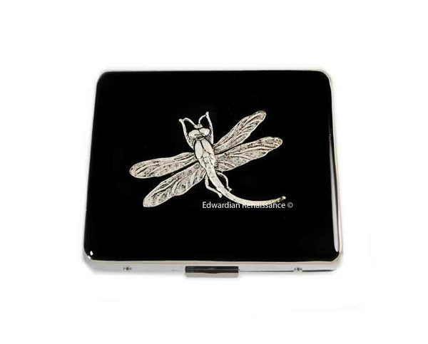 Dragonfly 7 Day Pill Box Case with Mirror Inlaid in Hnad Painted Black ...